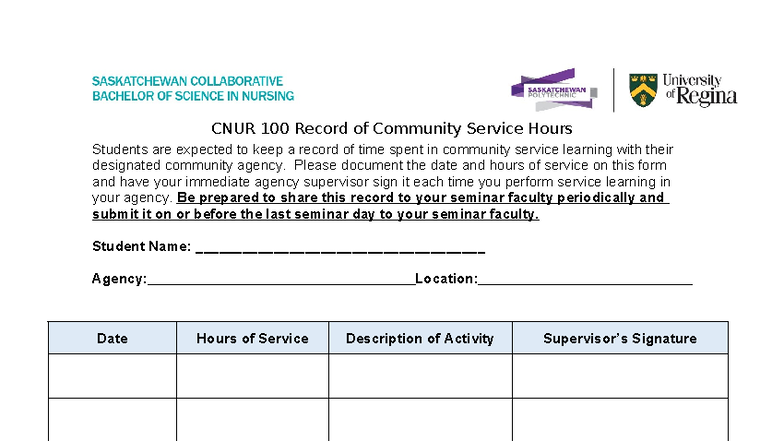 CNUR 100 Community Service Hours Log and Submission Guide - Studocu