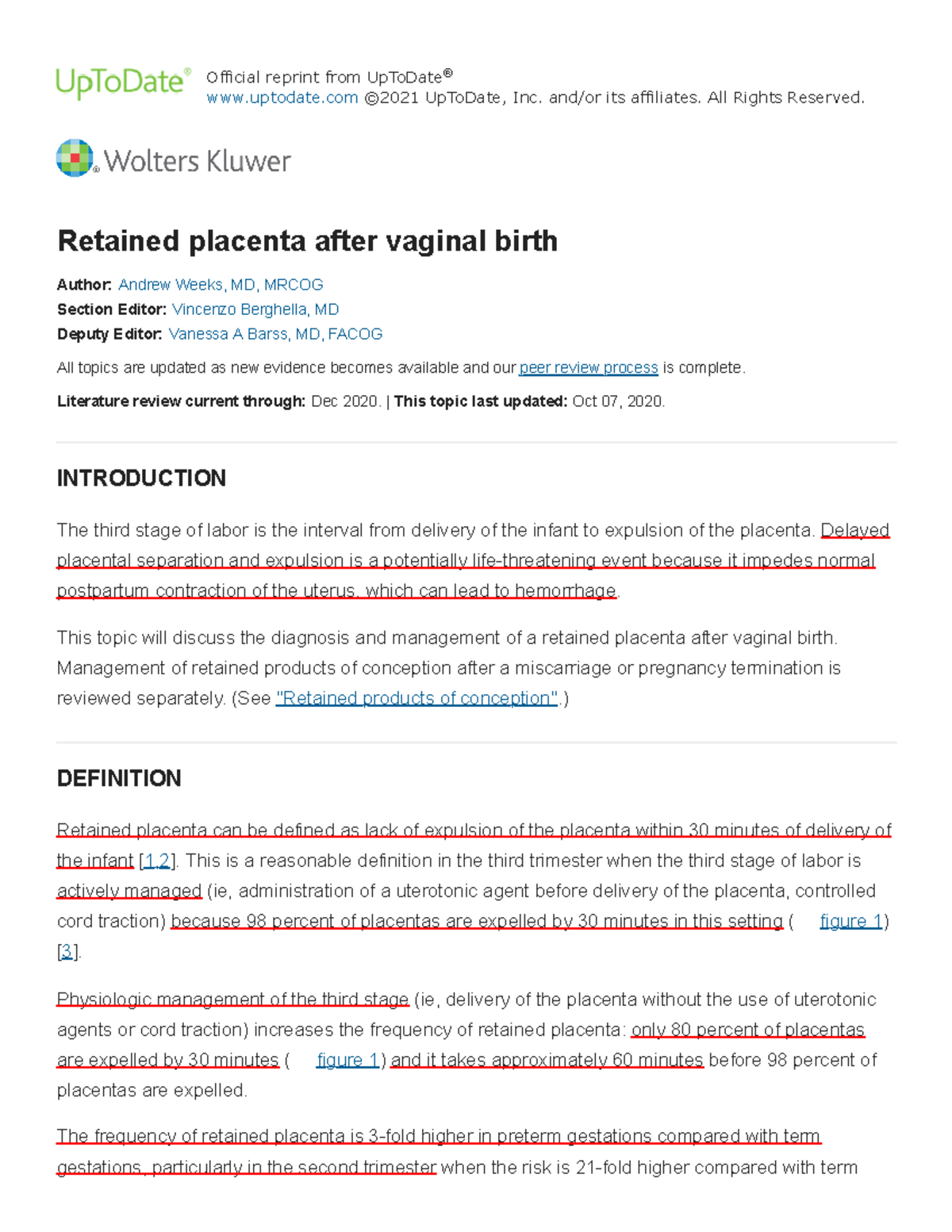 Retained placenta after vaginal birth - Up To Date - Official reprint ...