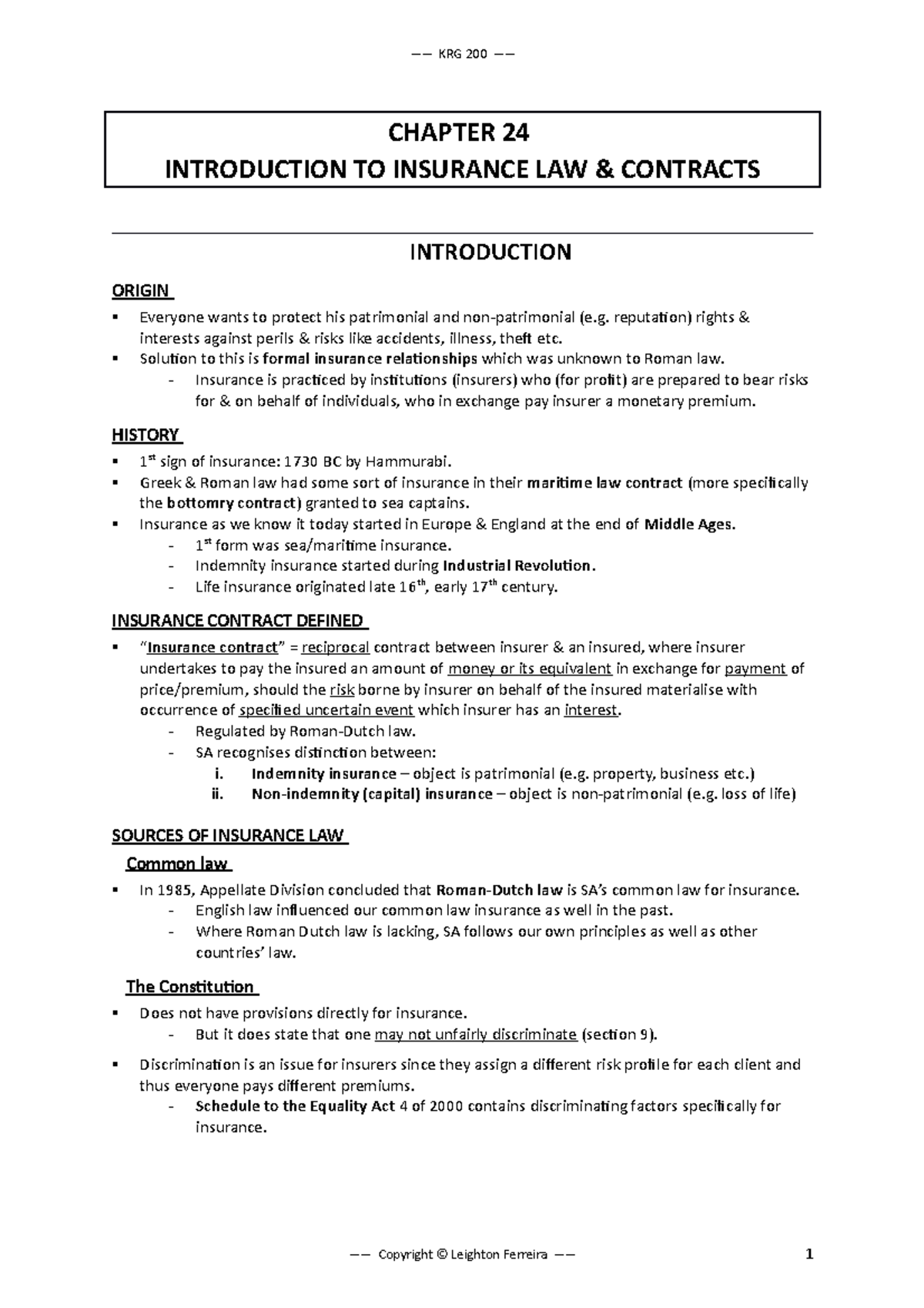 Chapter 24 Summary - Introduction to Insurance Law (KRG200) - Studocu