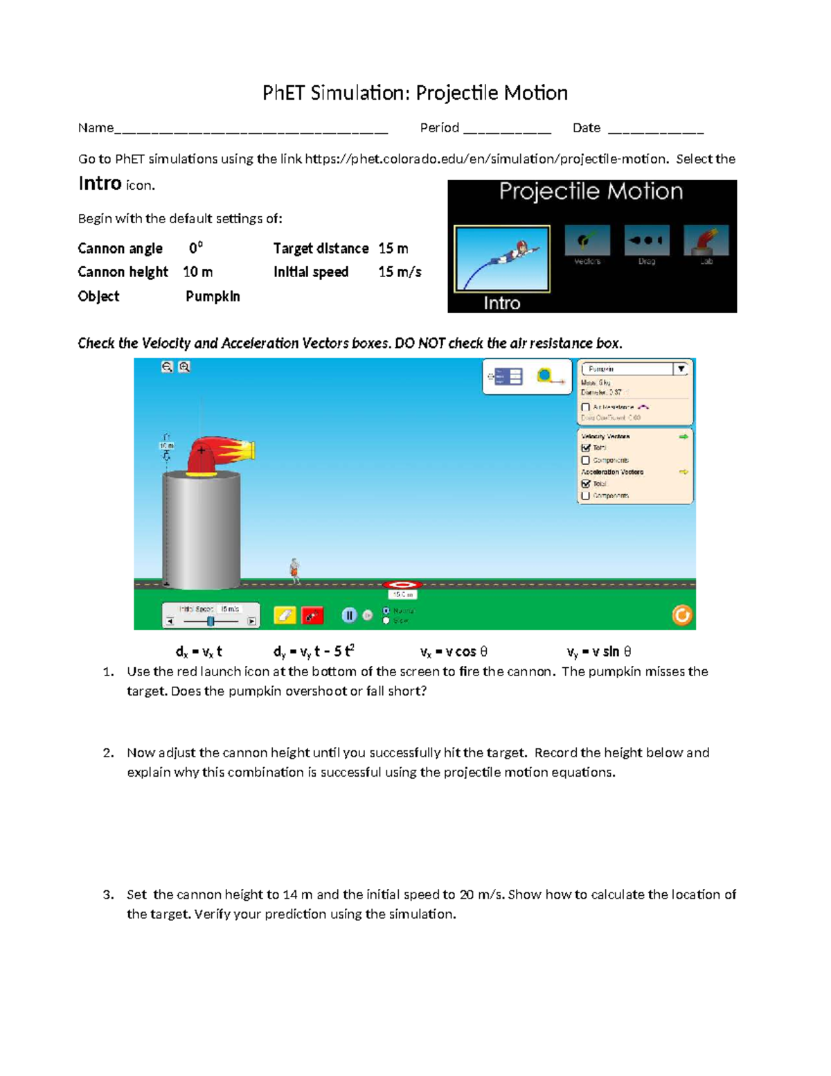 Ph ET Projectile Motion WS - PhET Simulation: Projectile Motion - Studocu