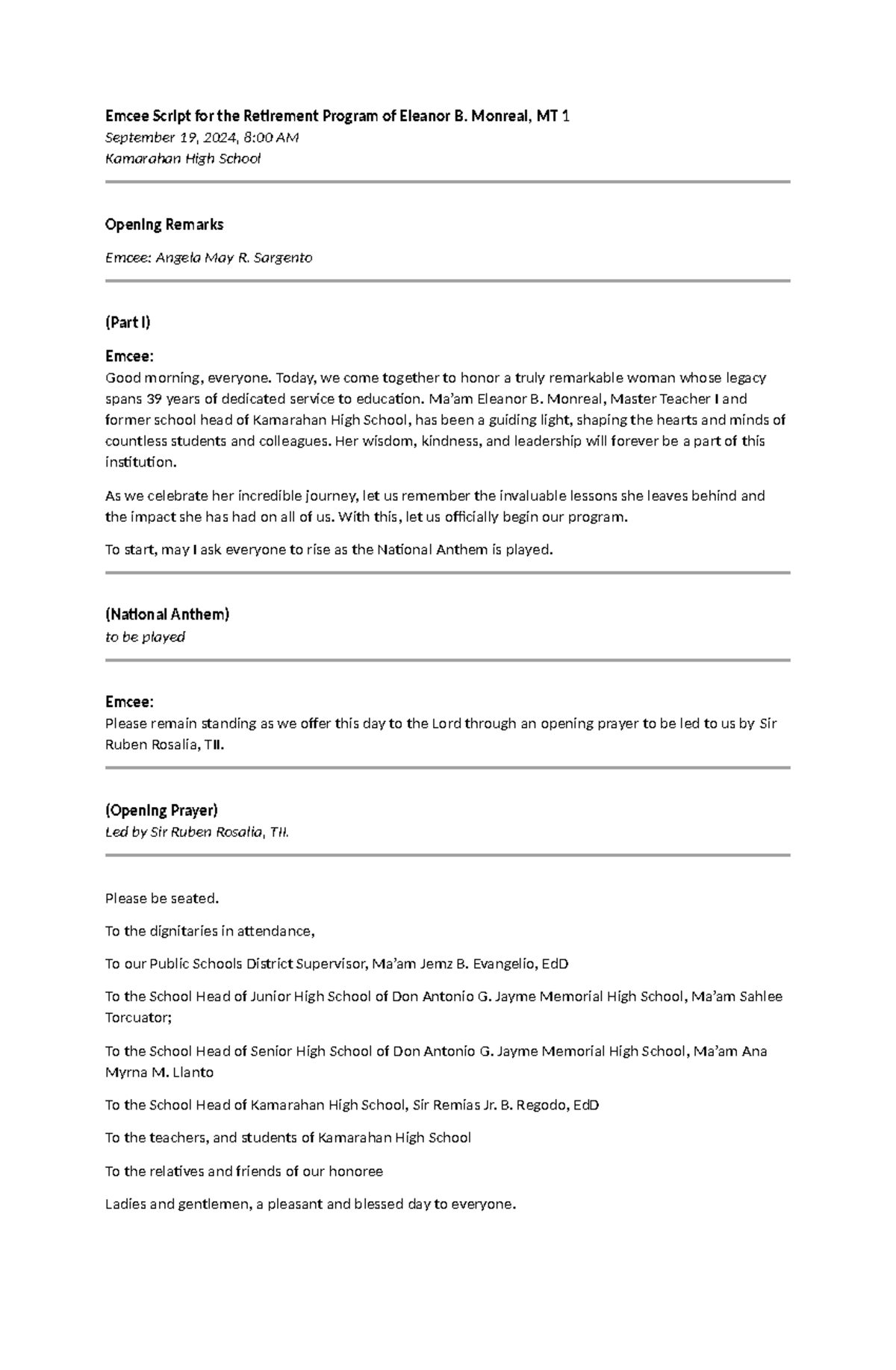 Emcee Script for Eleanor B. Monreal's Retirement Program - MT 1 - Studocu
