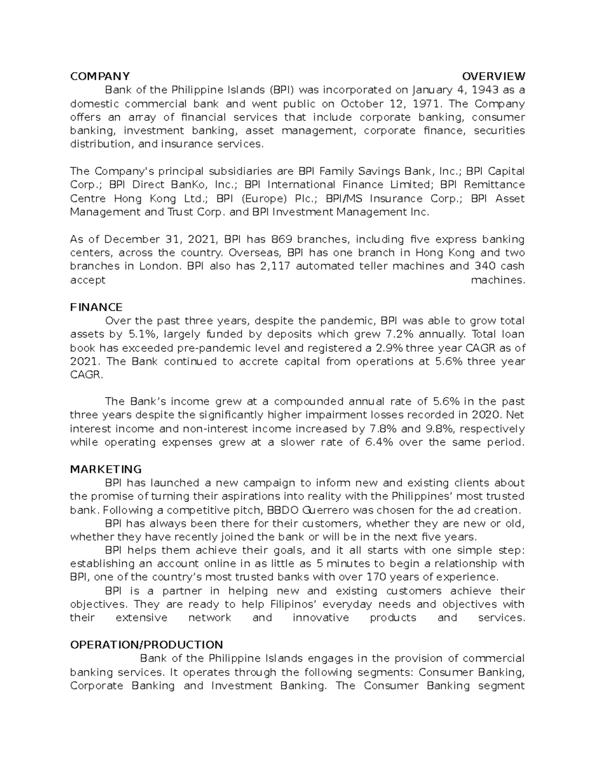 BPI Corporate Insights: Overview, Finance & Marketing Strategies - Studocu