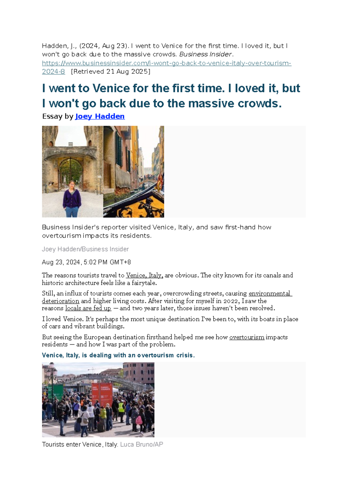 Hadden, J. (2024) Essay on Overtourism in Venice: A Personal Experience ...