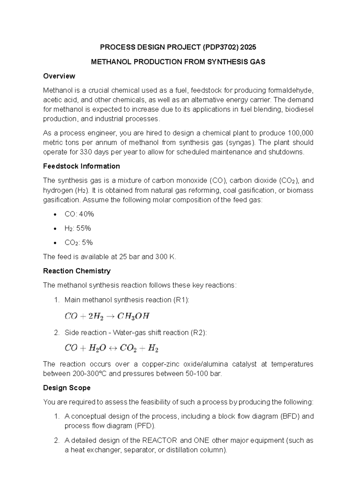 PDP3702 Process Design Project: Methanol Production from Syngas 2025 - Studocu