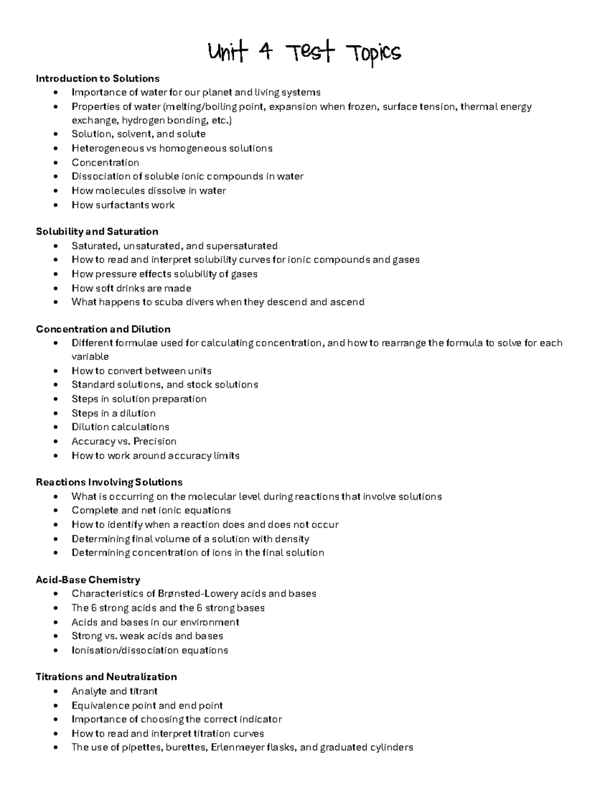 Unit 4 Test Topics: Solutions, Acids, and Bases Overview - Studocu