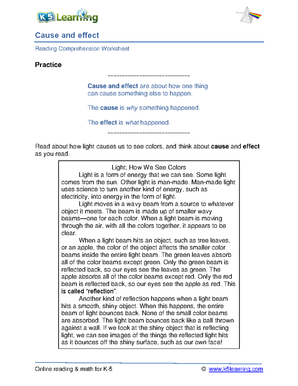 Grade 5 cause effect a - Online reading & math for K-5 © k5learning ...