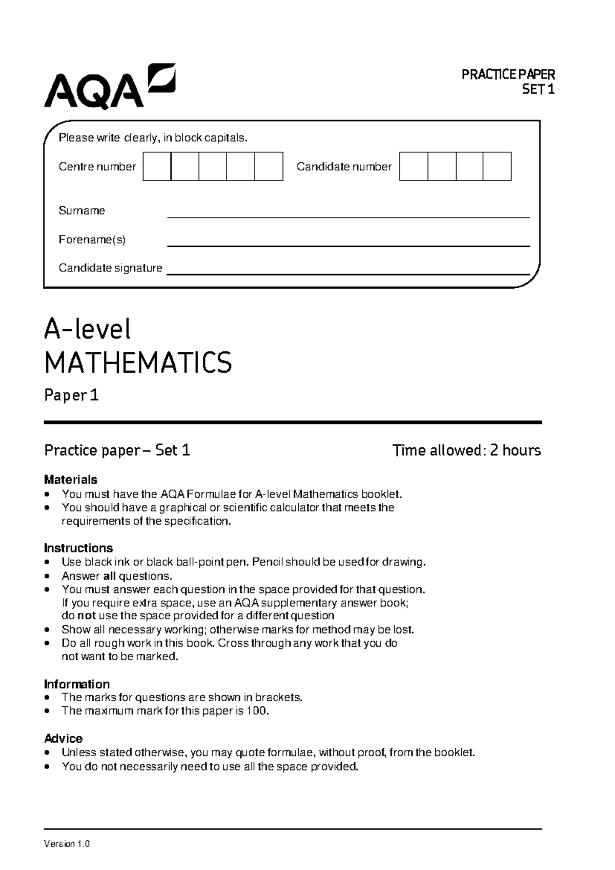 AQA MATHEMATICS Paper 1 Practice Paper Set 1 - Studocu
