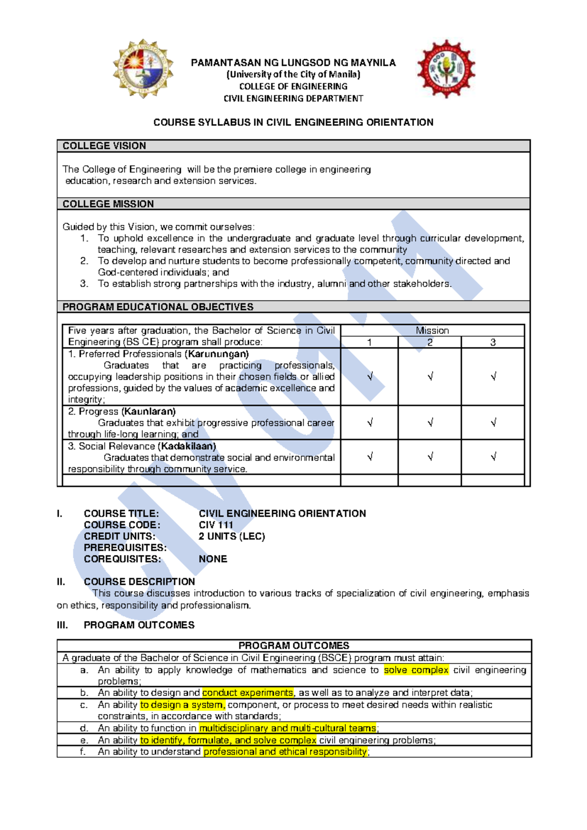 CIV 0111 Syllabus: Civil Engineering Orientation Course Overview - Studocu