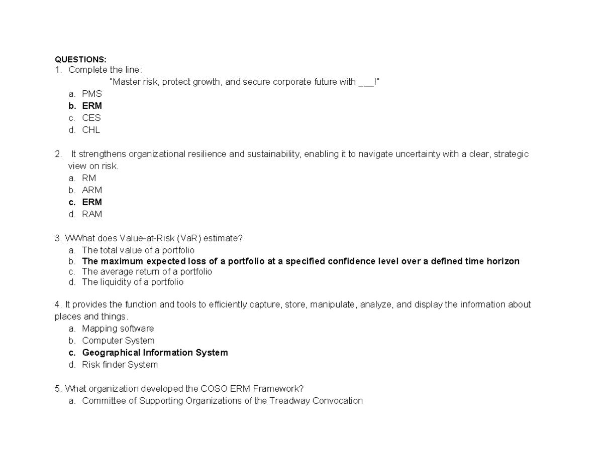 (PMS) Group 3 ERM Corporate RISK Management- QUESTIONS: Complete the ...