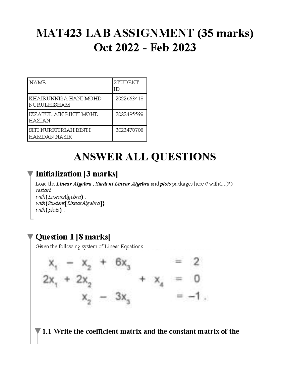 MAT423 Linear Algebra LAB Assignment - Oct 2022 to Feb 2023 - Studocu
