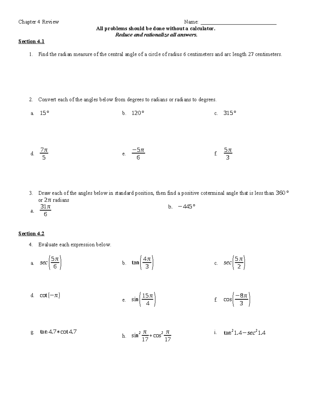 Chapter 4 Review: Radians, Trig Functions, and Graphs - Studocu