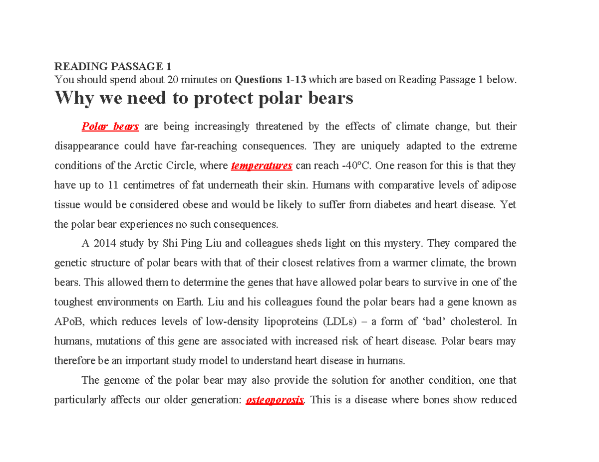 Practice Cambridge Ielts 16 Reading Test 01 Protecting Polar Bears And