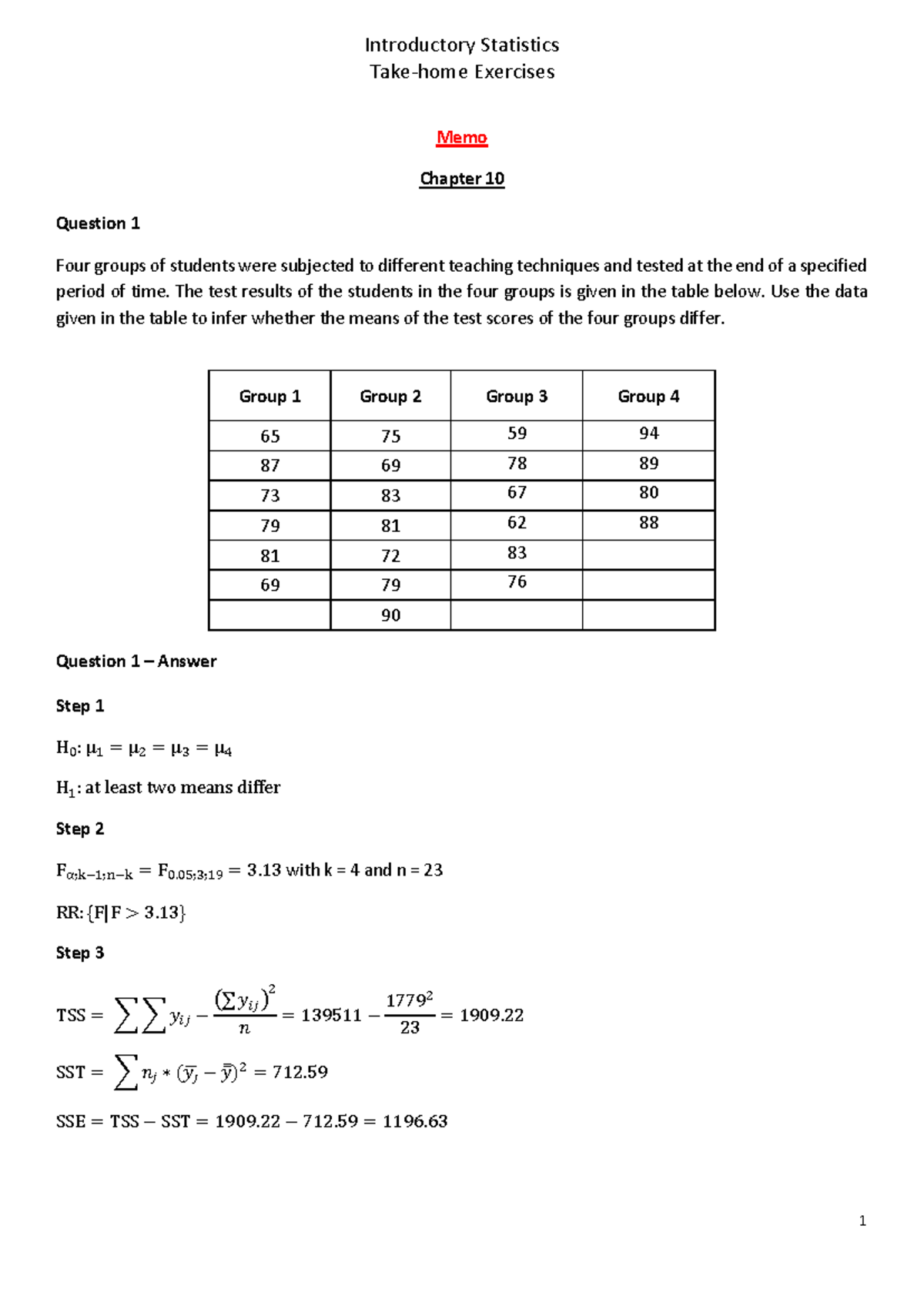 Tut Ch 10 Memo - Introductory Statistics Exercises & Analysis - Studocu