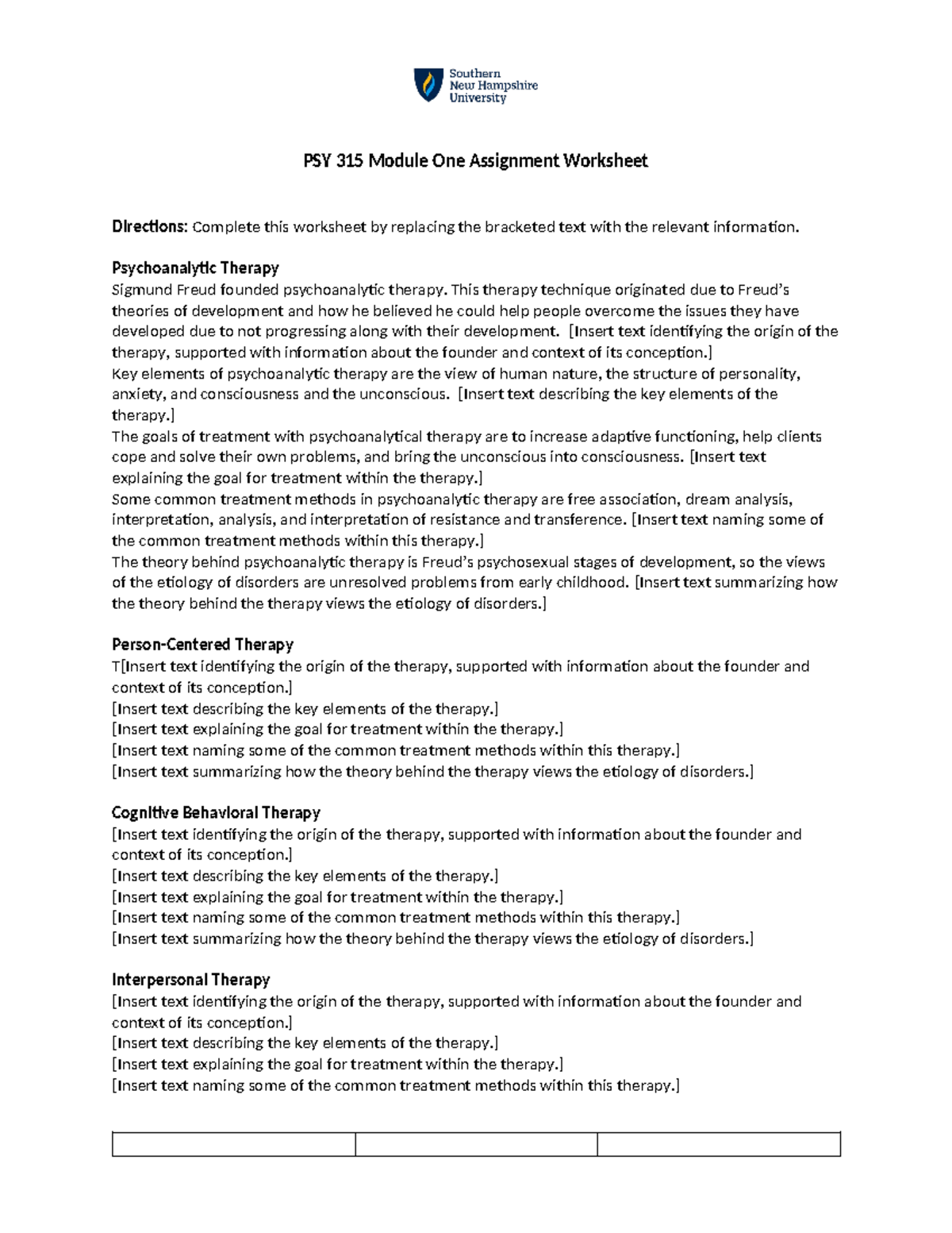 PSY 315 Module 1 Assignment: Therapy Types Overview Worksheet - Studocu