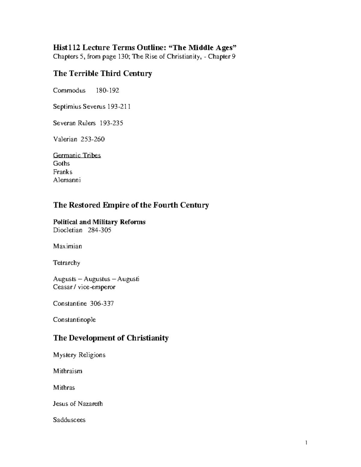 The Middle Ages - Hist112 Lecture Terms Outline: “The Middle Ages ...
