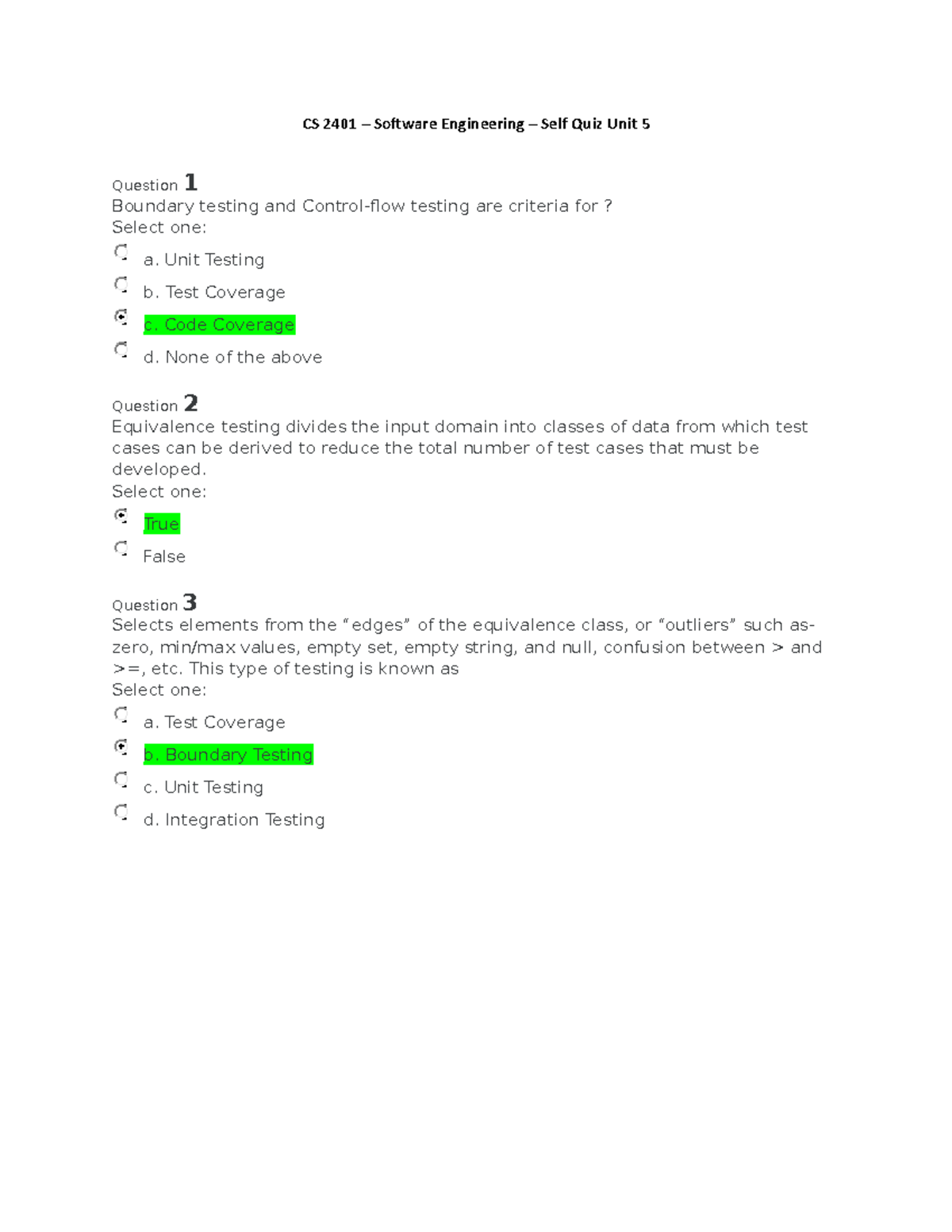 CS 2401 – Software Engineering 1 - Self Quiz Unit 5 - CS 2401 – Software Engineering – Self Quiz ...