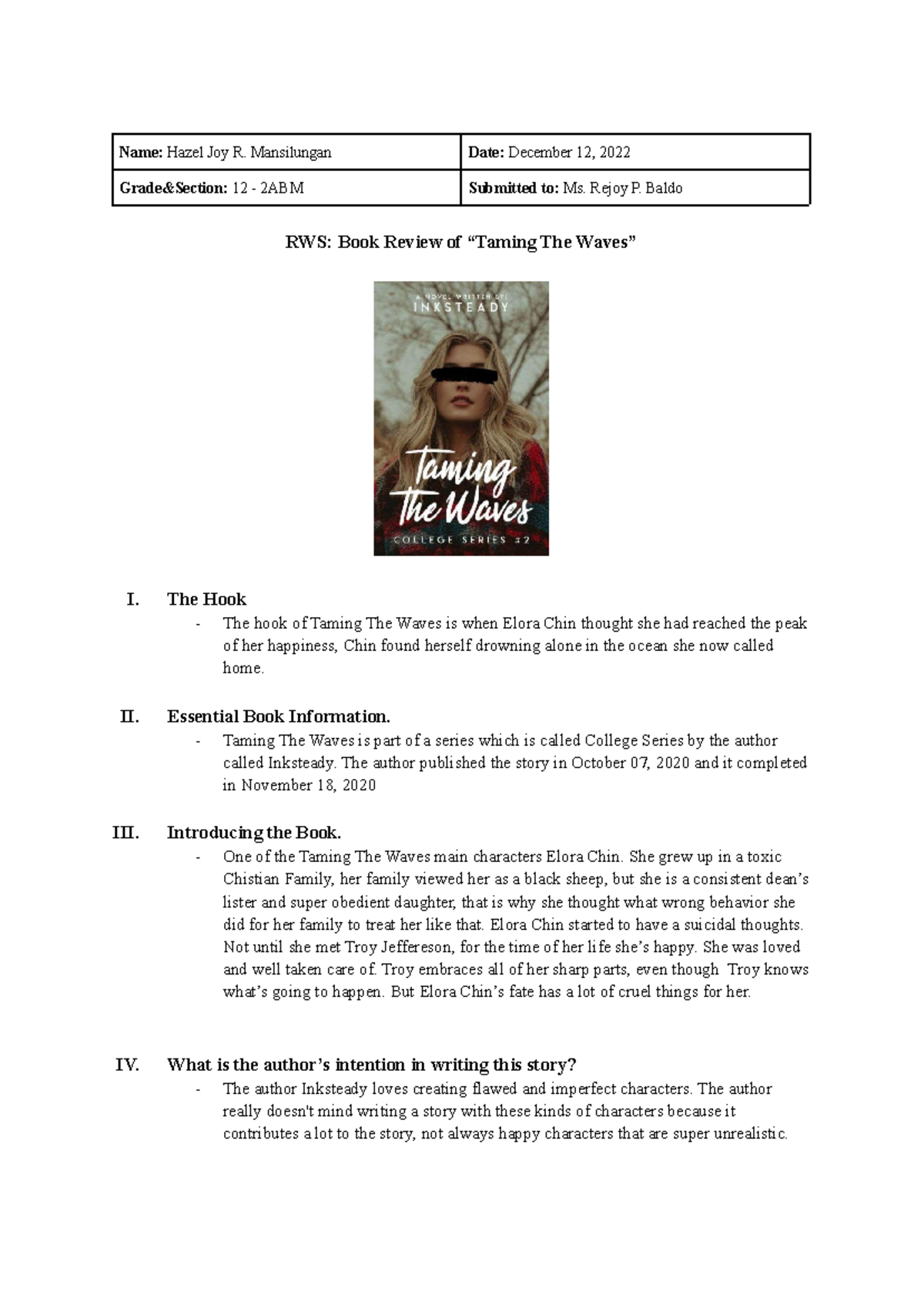 RWS 12-2ABM: Book Review of "Taming The Waves" by Inksteady - Studocu