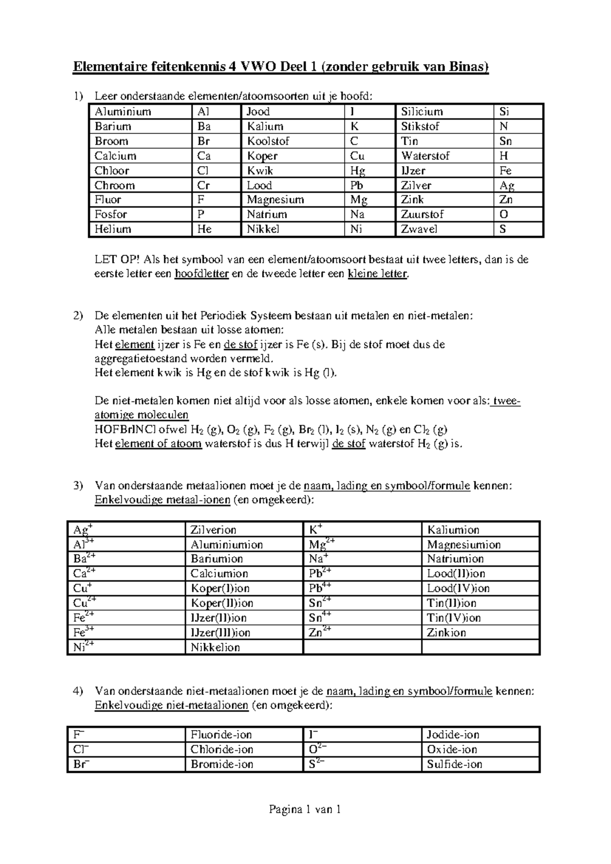 Elementaire Feitenkennis 4VWO - Deel 1: Elementen en Ionensymbolen ...