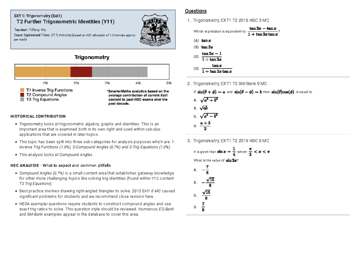 Further Trigonometric Identities Past Hsc Questions Ext 1 Trigonometry Ext1 T2 Further
