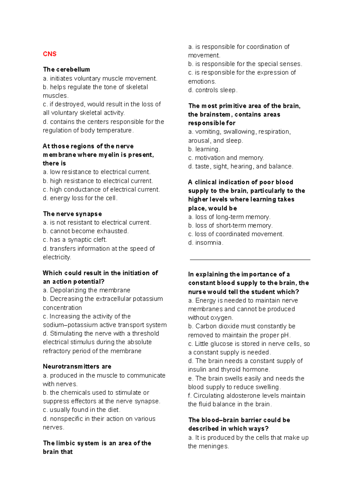 CNS Study Notes: Central Nervous System Overview and Functions - Studocu