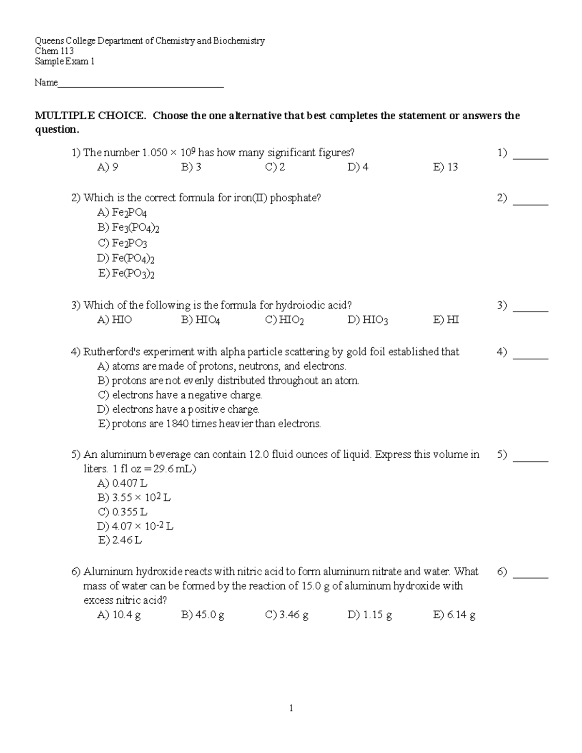Chem 113 Sample Exam 1 - Questions and Answer Key - Studocu