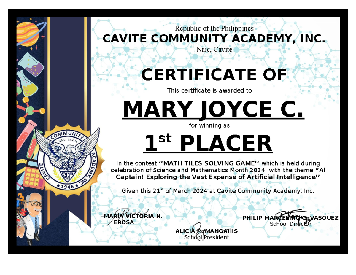 SCI-MATH 2024 Contest Certificates for Mary Joyce C. Tanilon - Studocu