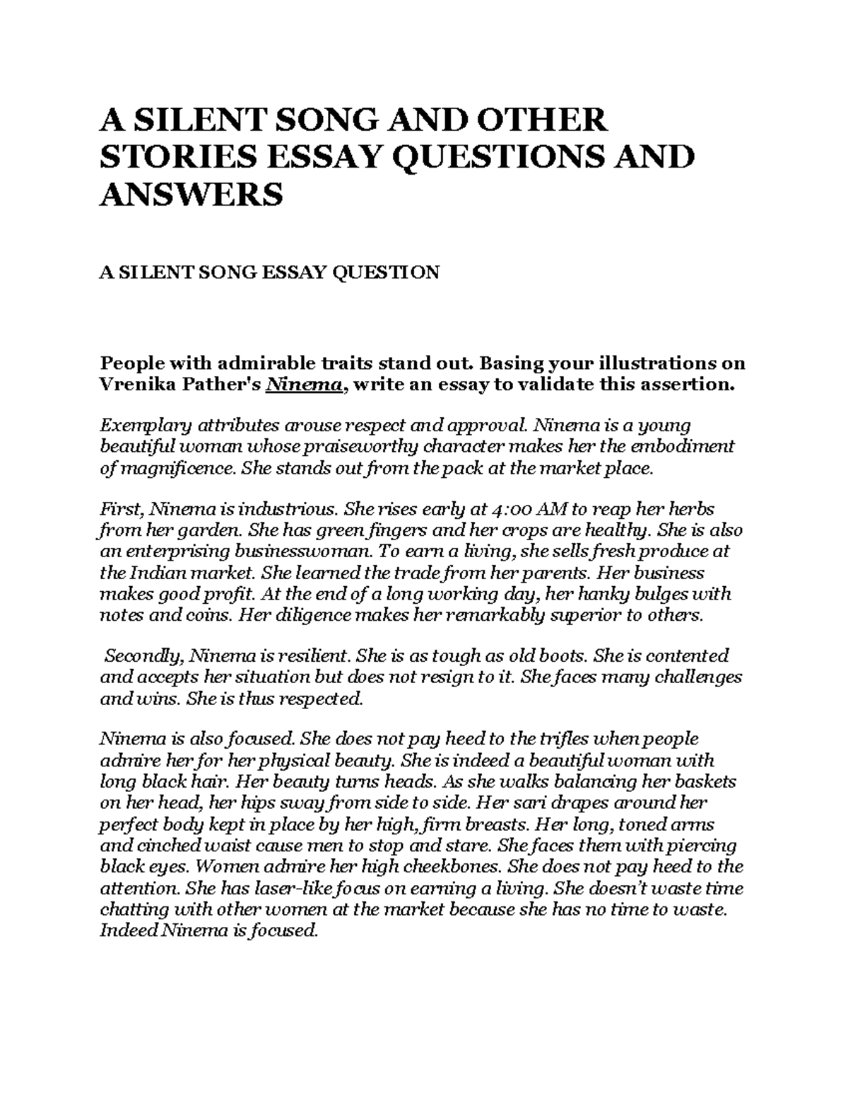 Final Exam: A Silent Song & Other Stories Essay Qs & Answers - Studocu