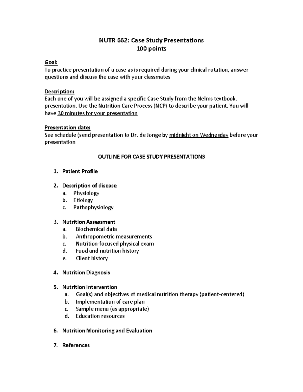 Class case study presentation assignment - NUTR 662: Case Study ...