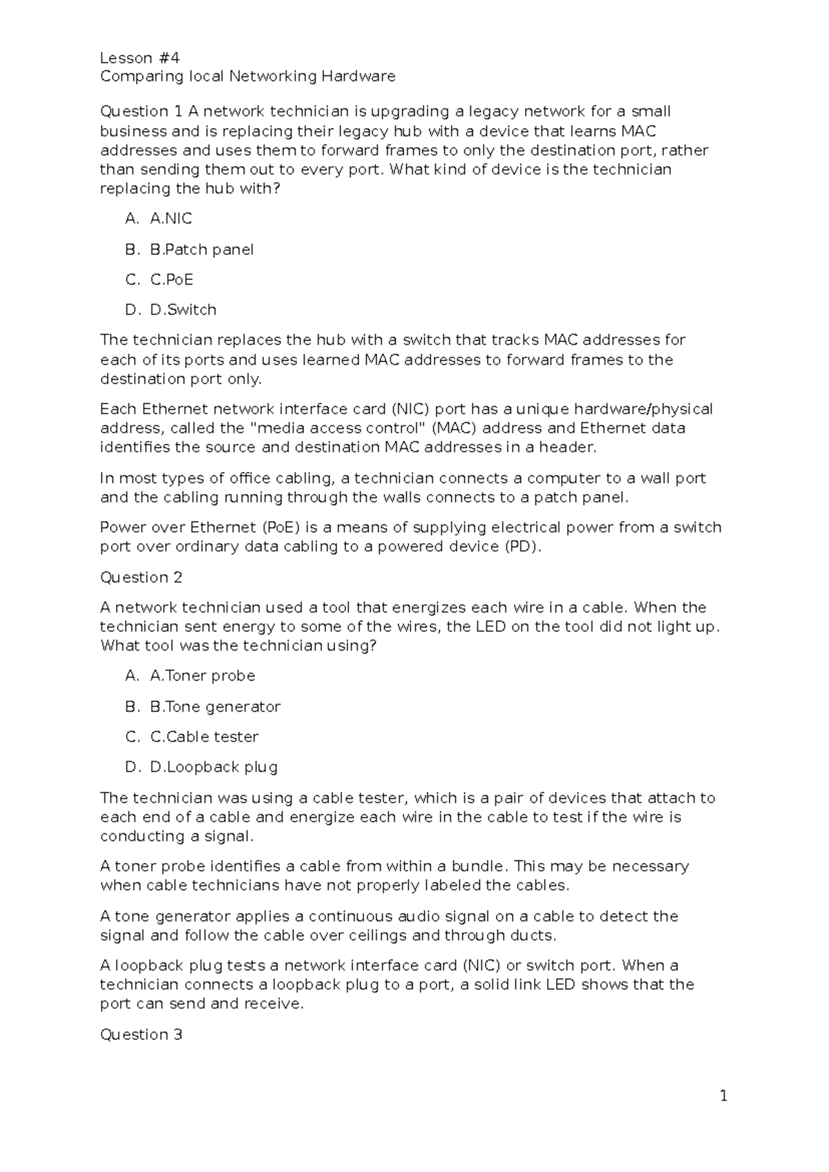 Lesson 4 - Local Networking Hardware Questions and Answers - Studocu