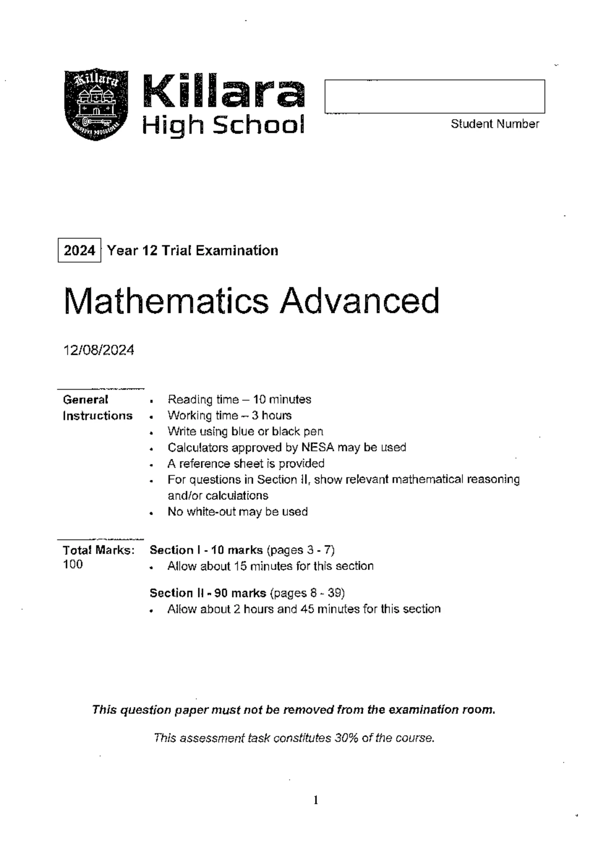 2023 HSC Trial Exam: Year 12 Mathematics Advanced - Studocu