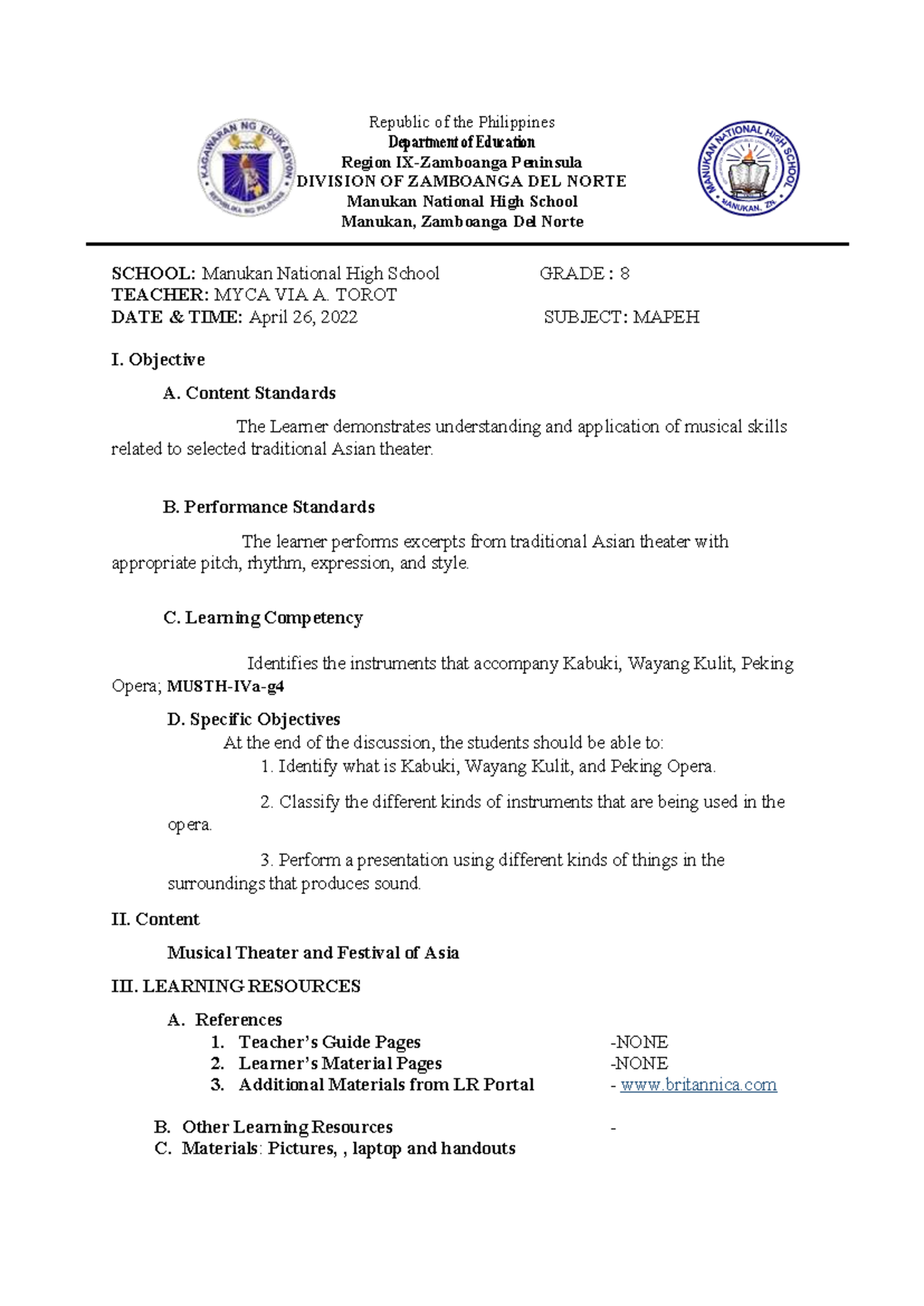 Lesson Plan in Music-Grade-8 - Republic of the Philippines Department ...