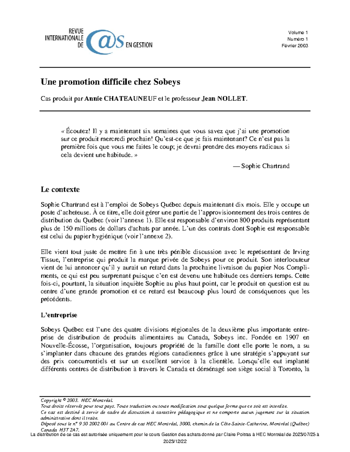 sobeys case analysis prompt - La distribution de ce cas est autorisée ...
