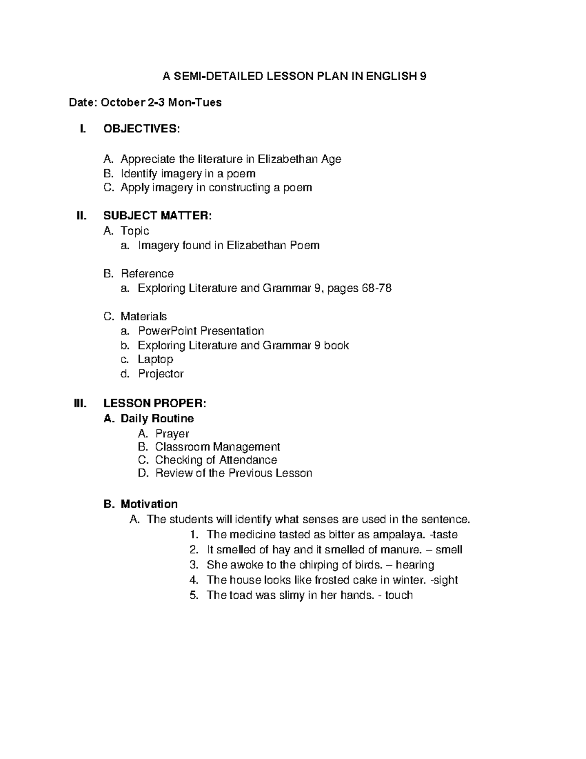 English 9 - Semi-Detailed Lesson Plan on Imagery in Poetry - Studocu