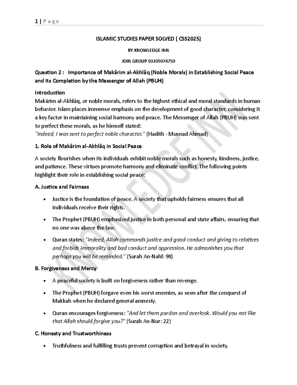 Islamic Studies Exam Paper Solutions (CSS2025) on Morals & Tolerance ...