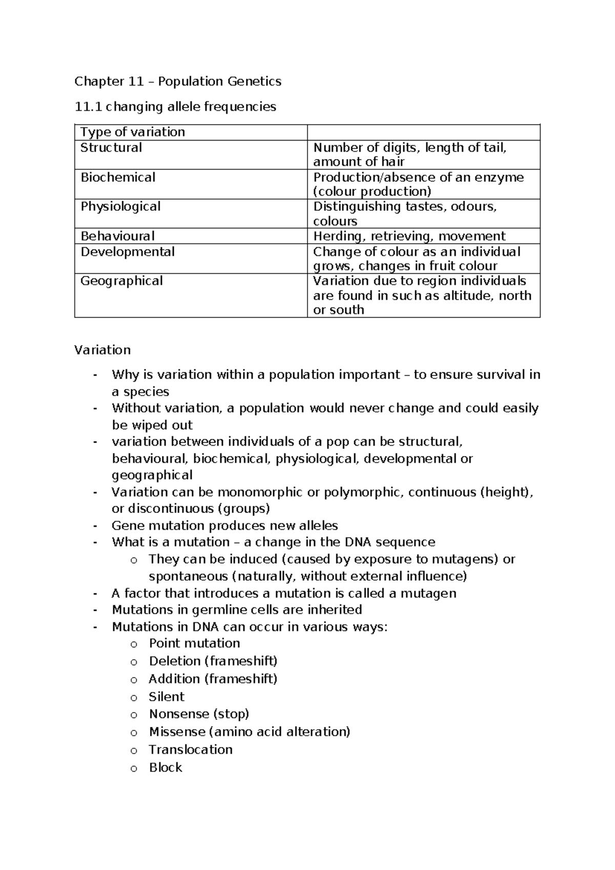 Chapter 11 – Population Genetics: Changing Allele Frequencies and ...
