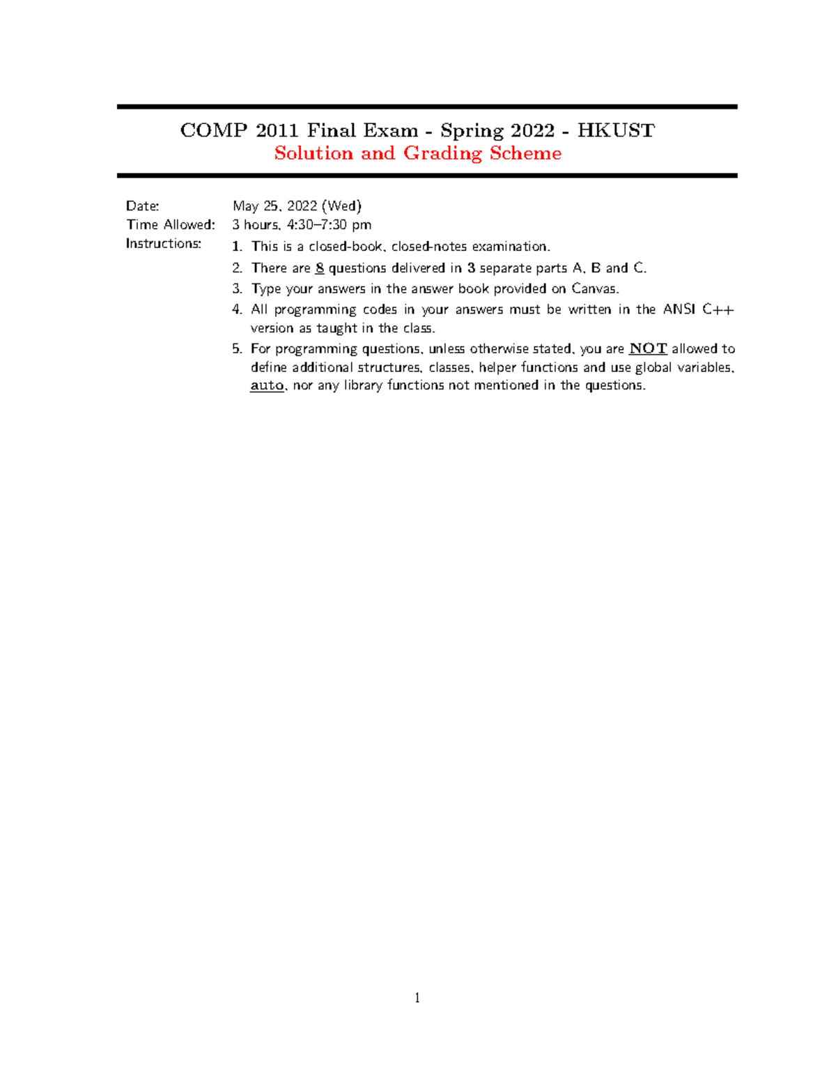 COMP2011 Final Exam Solutions - Spring 2022 - HKUST (Parts A, B, C) - Studocu