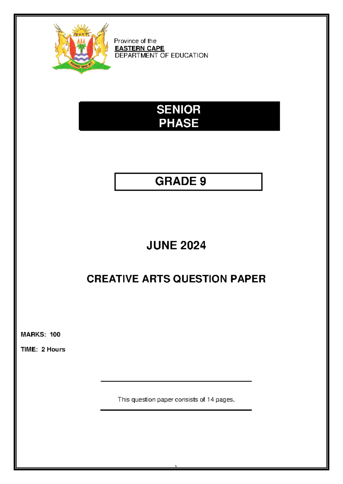 Creative Arts Grade 9 June 2024 Question Paper - Studocu