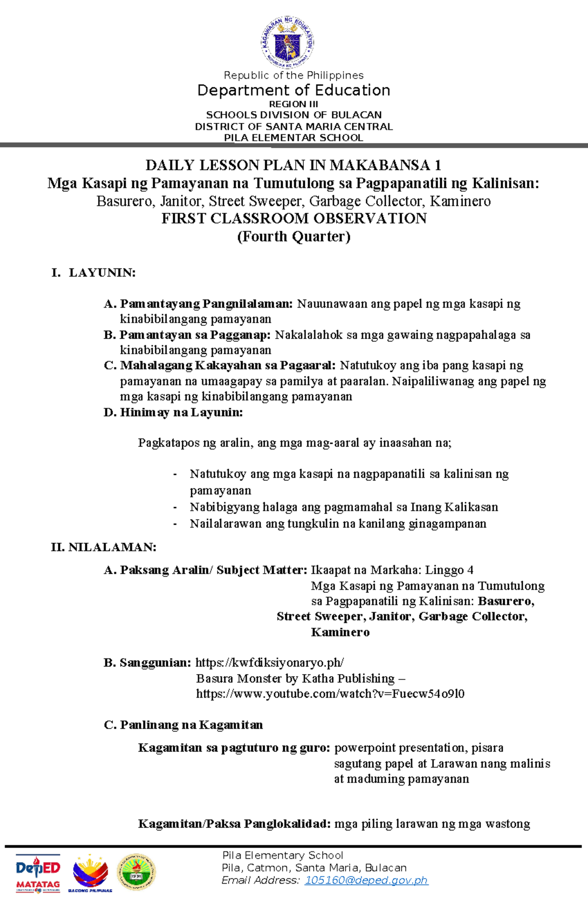 COT-DLP Makabansa 1: Daily Lesson Plan for Community Cleanliness - Studocu