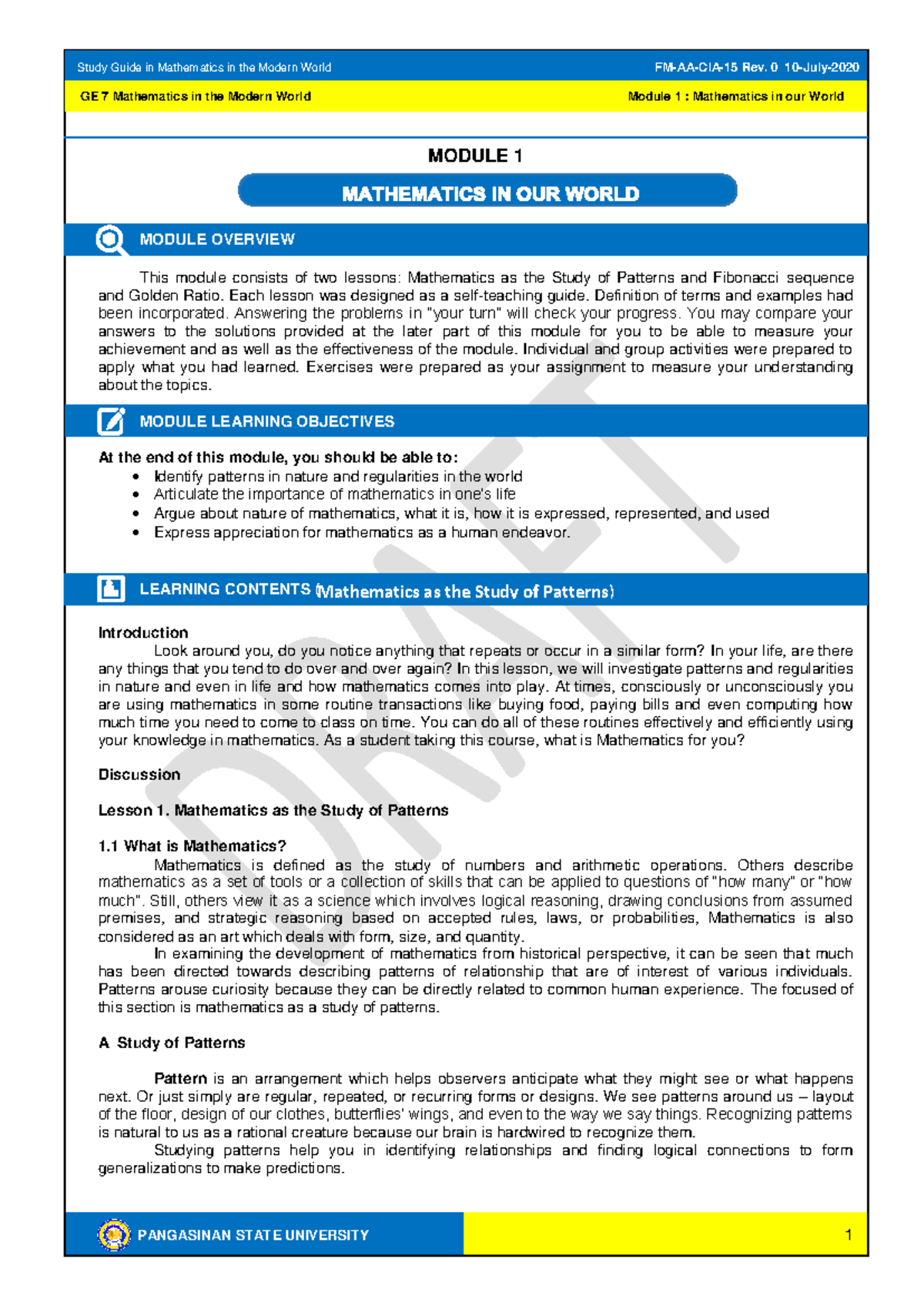 GE 7 MMW Module 1 - Mathematics in the modern world - PANGASINAN STATE ...