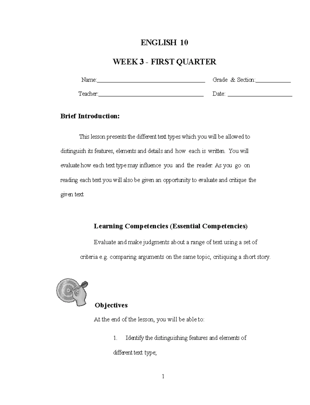 English 10 Quarter 1 Week 3 - 1 ENGLISH 10 WEEK 3 - FIRST QUARTER Name ...