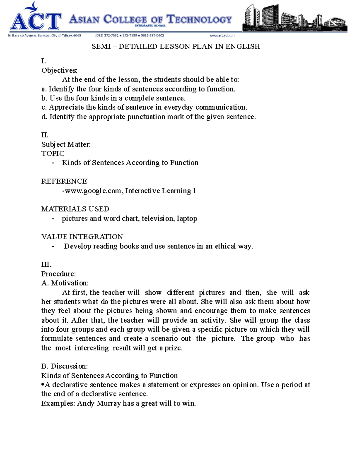 Lesson Plan: Understanding 4 Types of Sentences in English - Studocu