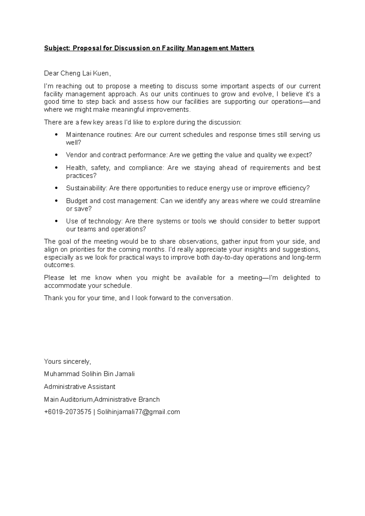 Proposal for Discussion on Facility Management Matters - LCC500 - Studocu