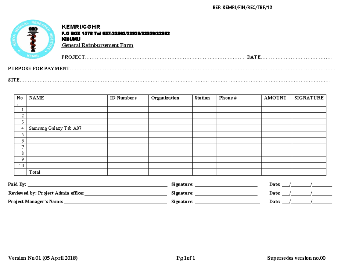General Reimbursement Form - REF: KEMRI/FIN/REC/TRF/ KEMRI/CGHR P BOX ...