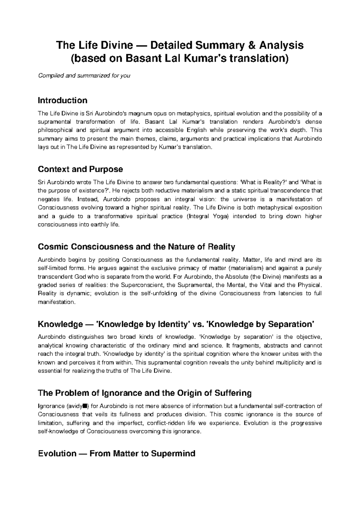 The Life Divine (Basant Lal Translation) Detailed Summary & Analysis ...