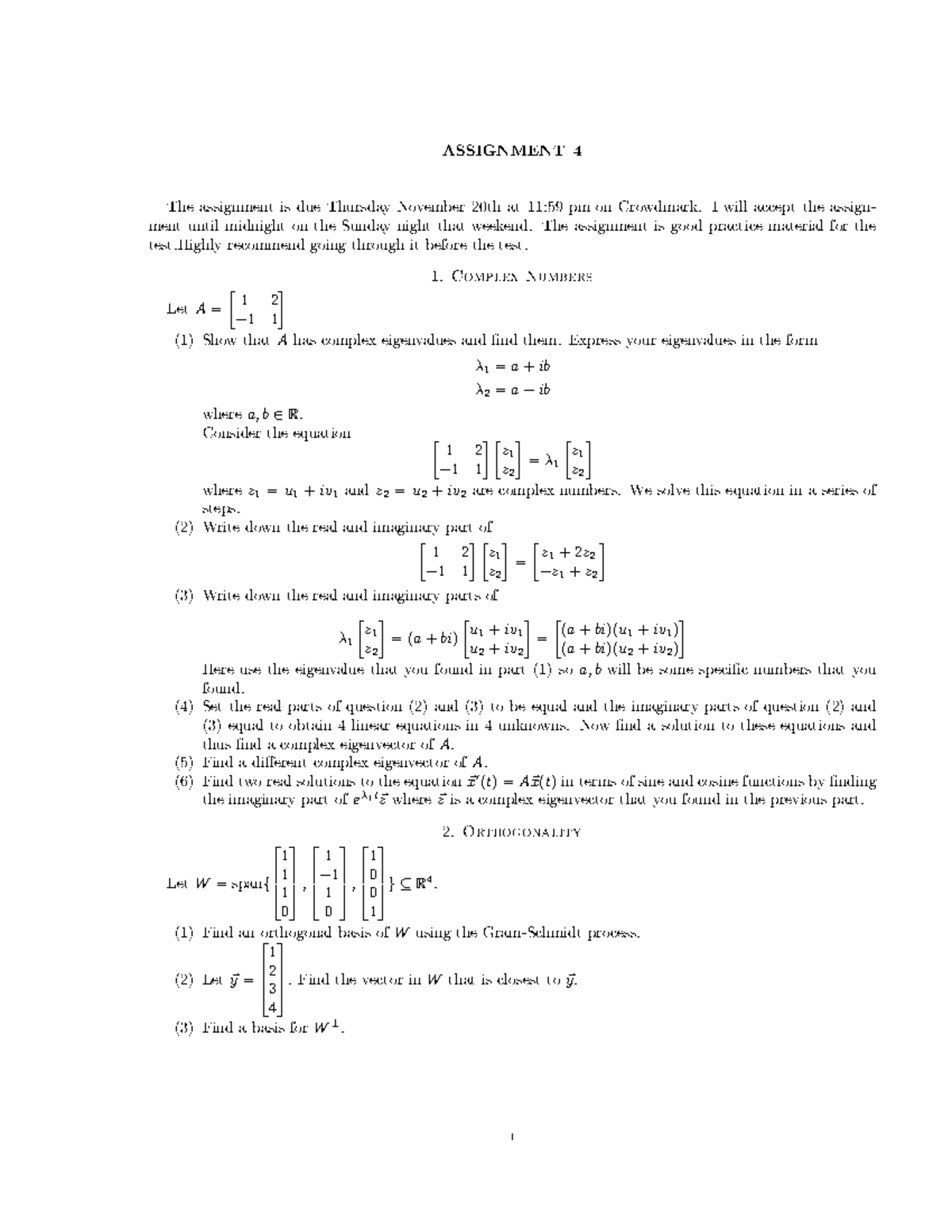 Assignment 4: Complex Numbers & Orthogonality - Math 2LA3 - Studocu