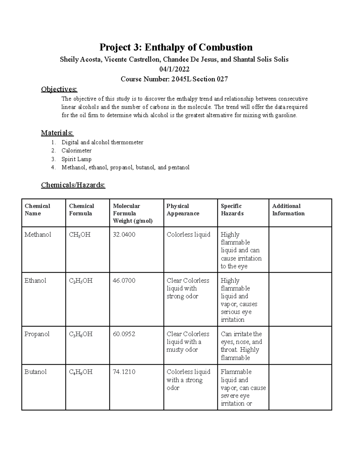 Pre-Lab Plan #6: Enthalpy of Combustion Study - Chem 2045L - Studocu