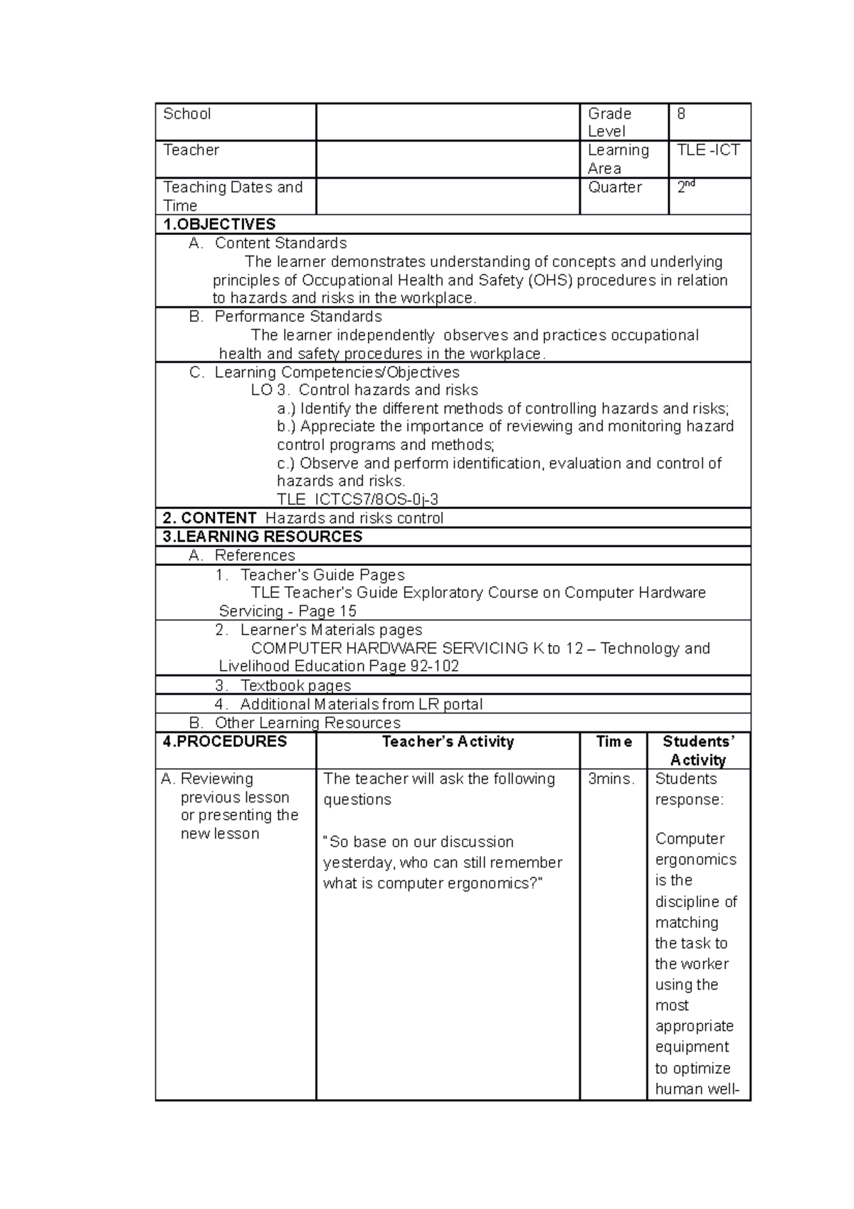 Lesson 7: DLP Grade 8 TLE-ICT - Control of Hazards and Risks - Studocu