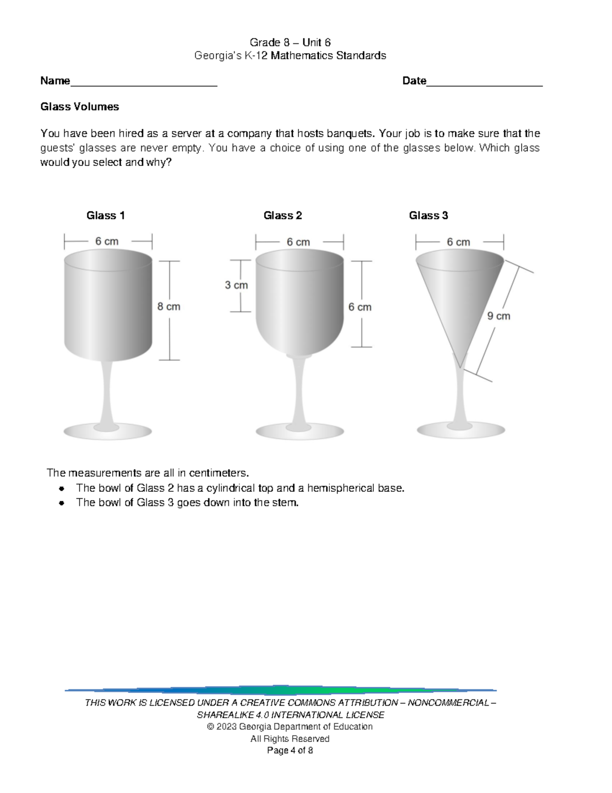 Grade 8 Math Unit 6: Glass Volumes Calculation Task - Studocu