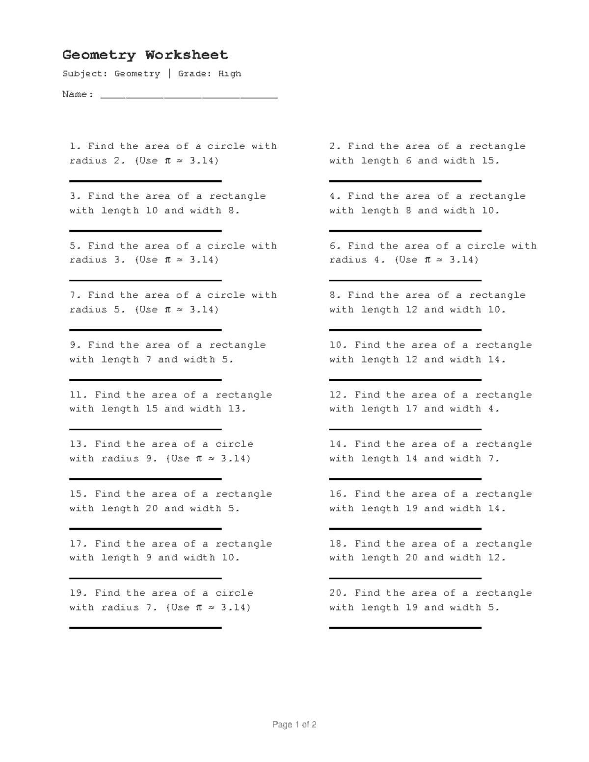 Geometry Worksheet: Area Calculations for Circles & Rectangles - Studocu