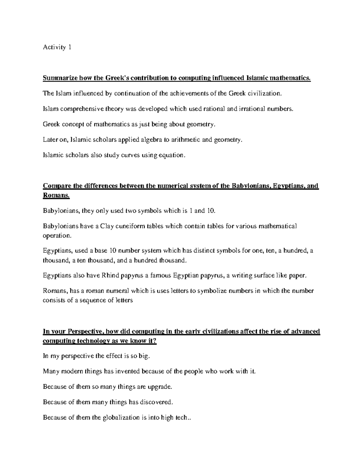 Activity 1 - Greek Contributions to Computing & Islamic Math ...